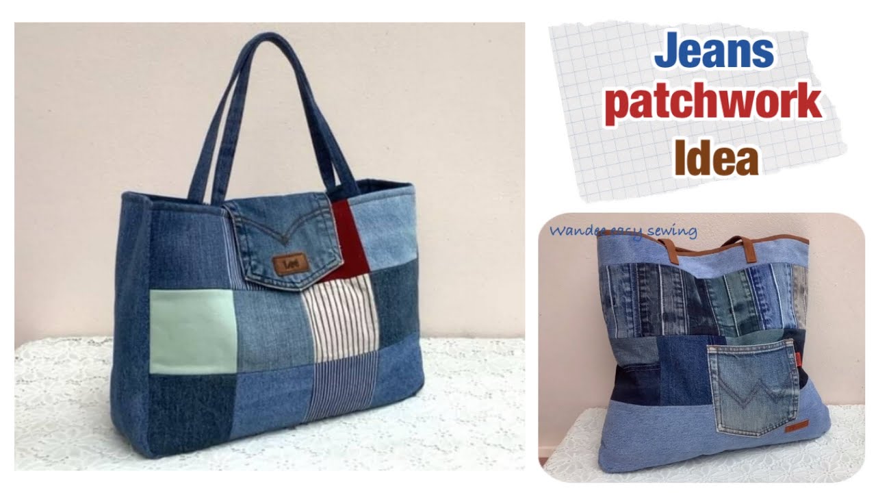 How to sew denim patchwork into tote bag tutorial,Tote bag tutorial ...