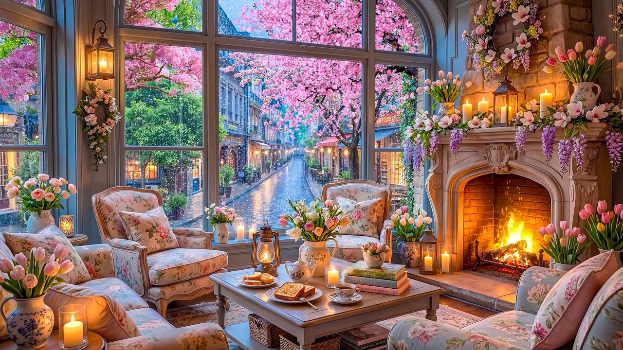 Peaceful Rainy Spring Jazz 🌸 Cozy Spring Fireplace Ambience for Study ...