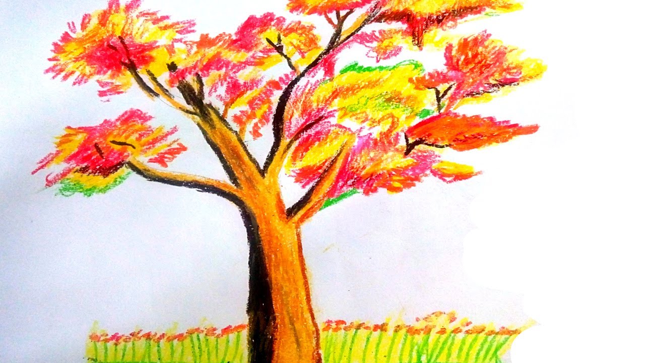 How To Draw a Beautiful Tree With oil pastels// Draw a tree easy step ...