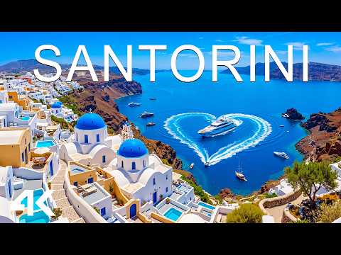 Santorini 4K Soaring Over 🇬🇷 White Cliffs, Blue Domes & Aegean Sea Paradise