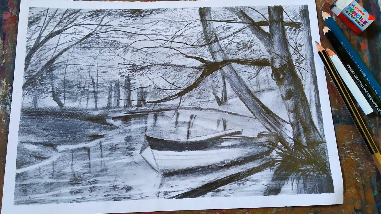 Simple pencil shedding scenery drawing - YouTube