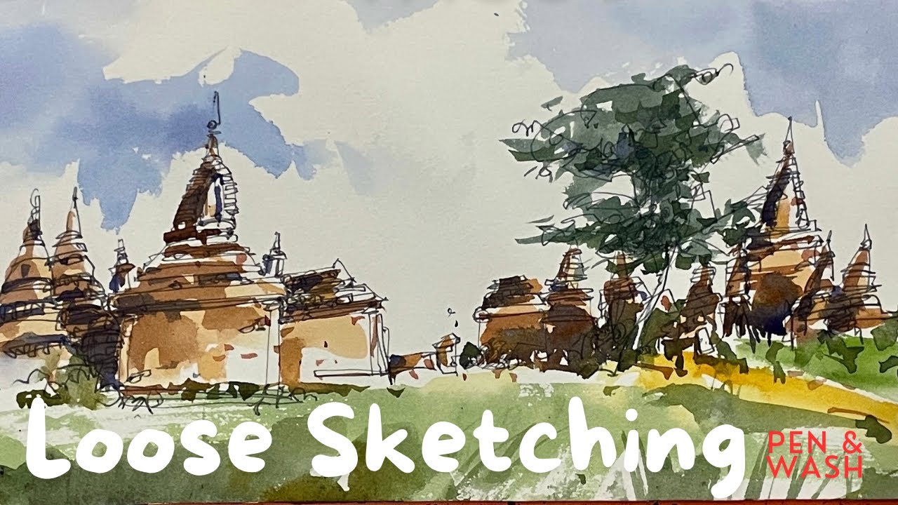 Loose Sketching with Pen& Wash / Easy Drawing Panorama Sketch / Bagan ...