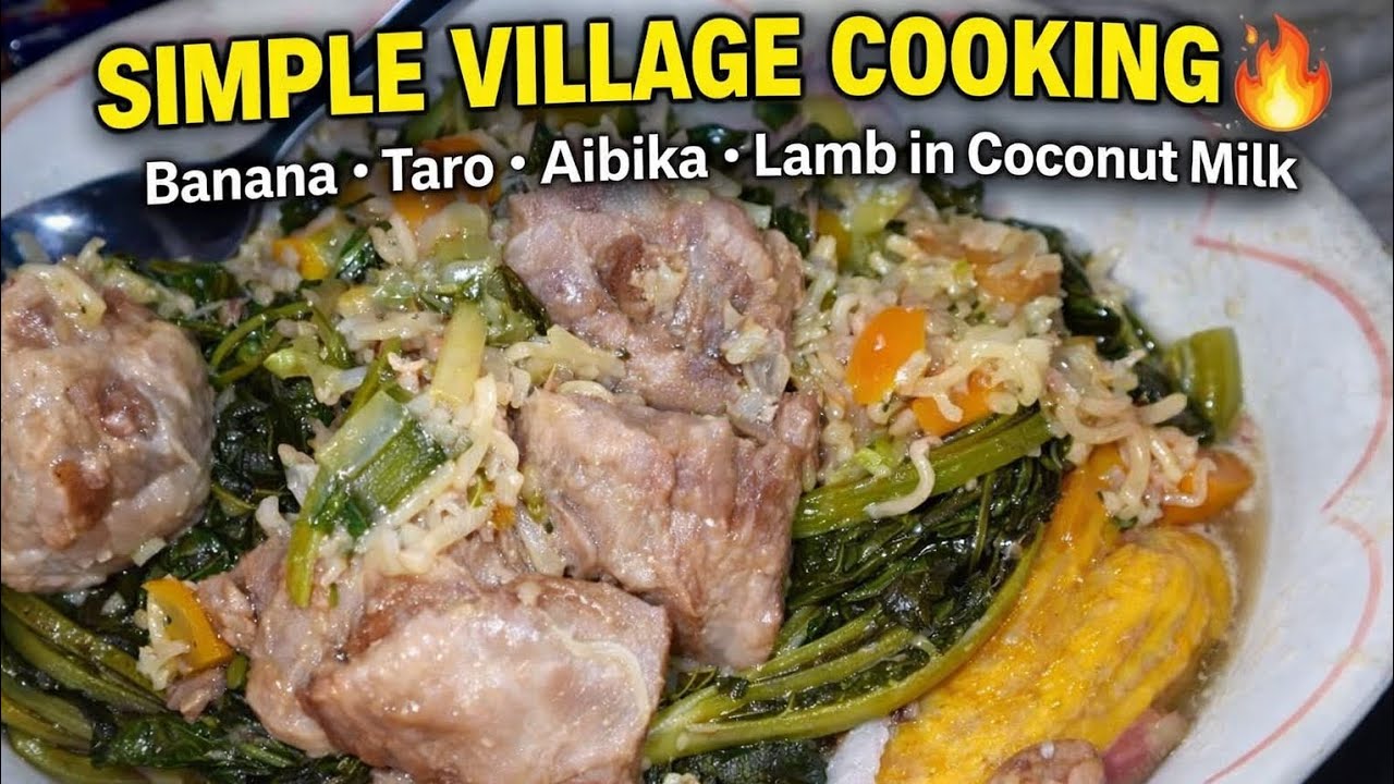 Simple Village Cooking 🔥 Banana, Taro, Aibika & Lamb in Coconut Milk ...
