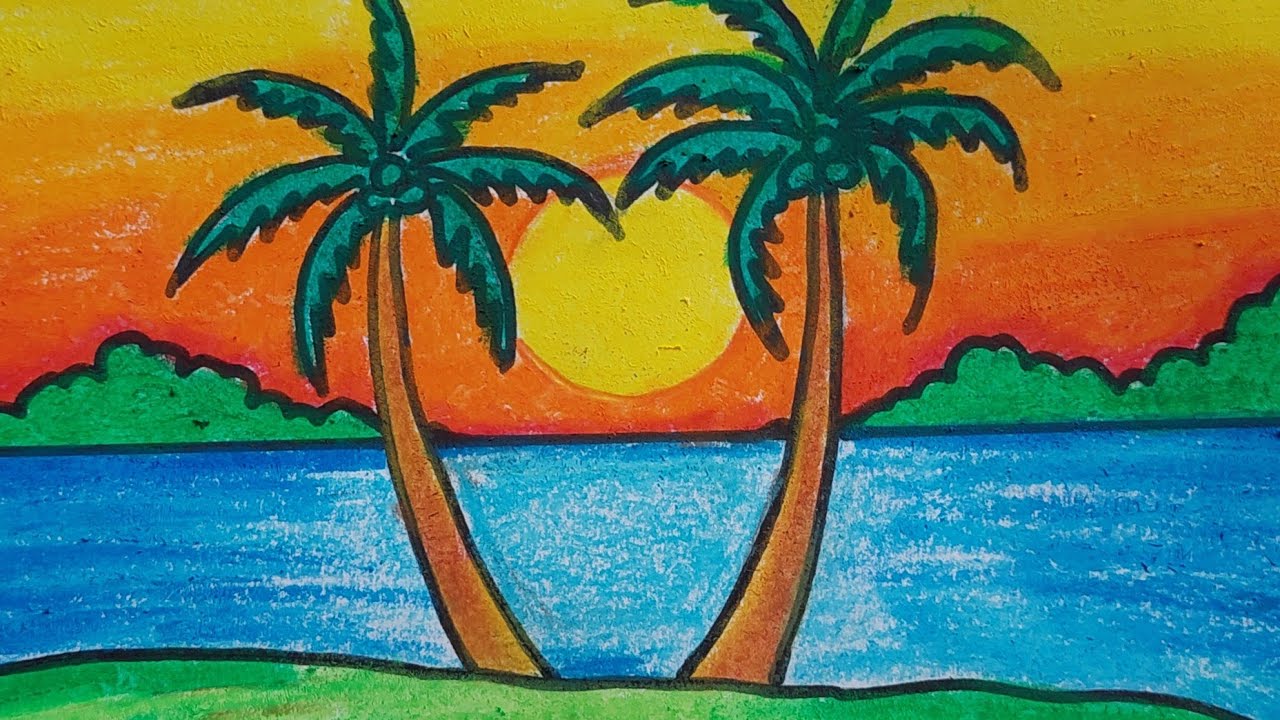Sunset Nature Scenery Drawing/ Drawing Sunset Scenery Step by Step with ...