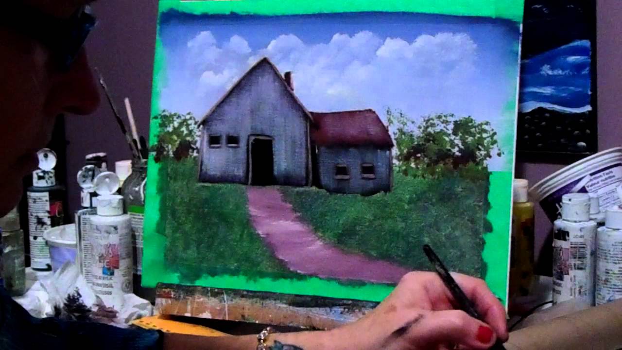 How to paint a cabin landscape with acrylic paint Lesson 4, finishing ...