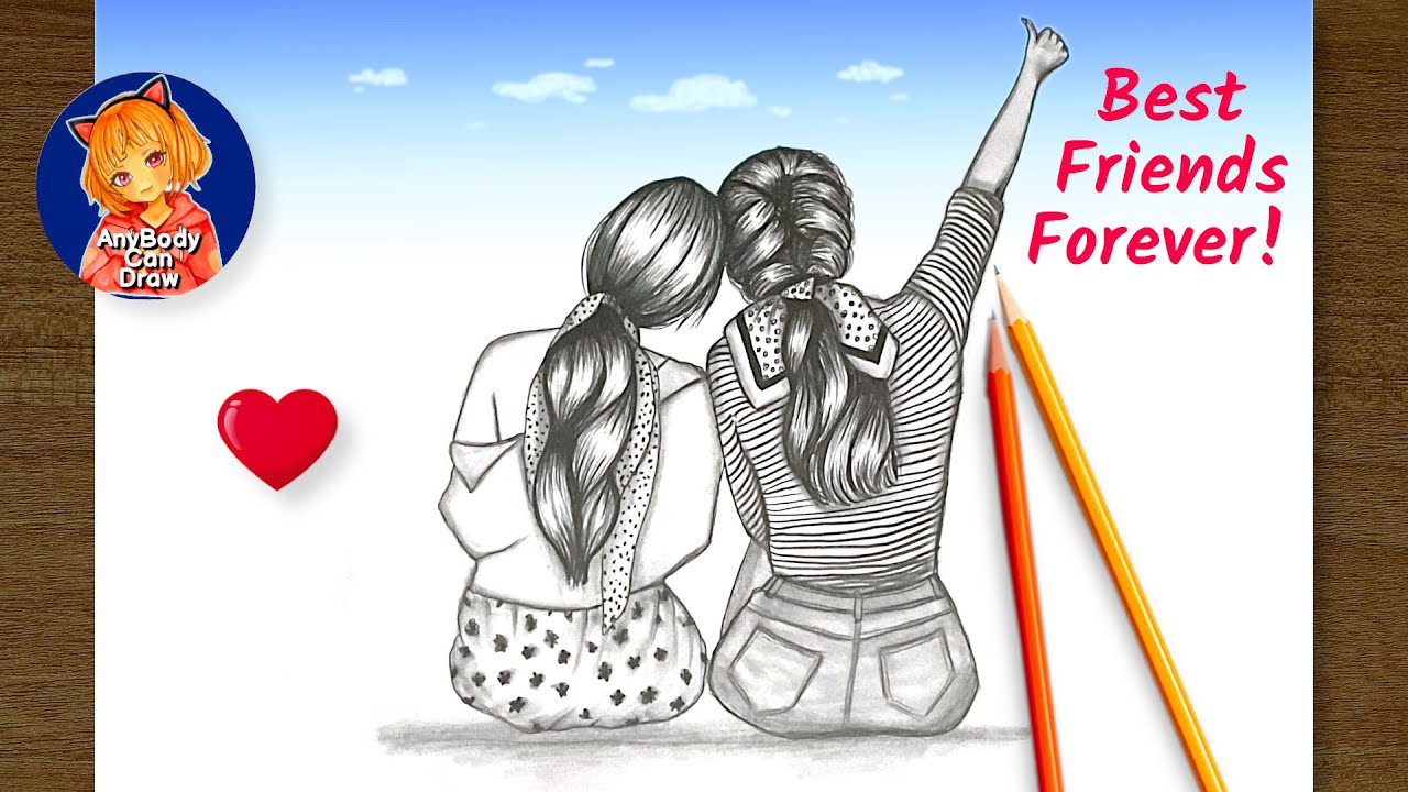 How to Draw Girls Best Friends Forever Sitting Together || Easy ...