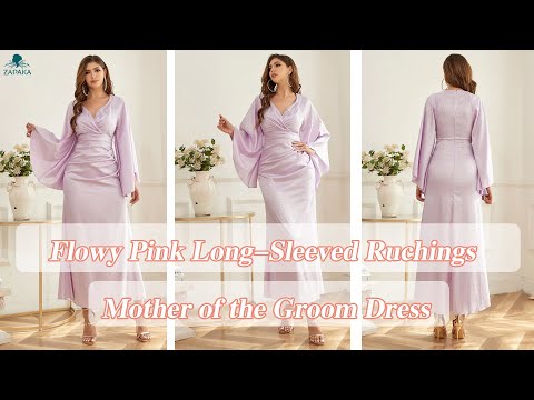 Flowy Pink Long-Sleeved Ruchings Mother of the Groom Dress | ZAPAKA 2022