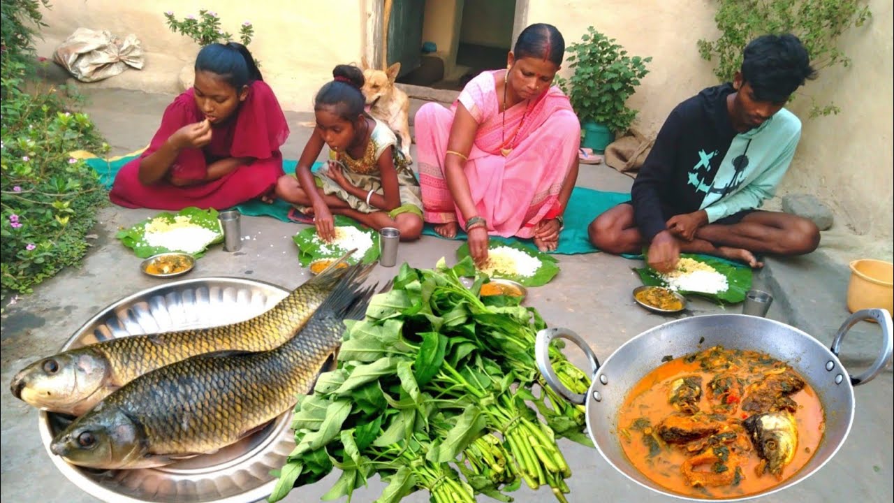 How to cook small ROHU FISH curry recipe with fresh KALMI SHAK in tribe ...