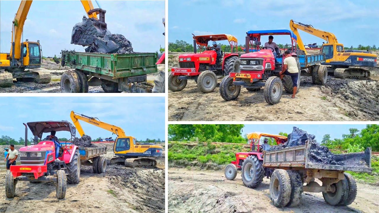 JCB HYUNDAI 245LR SMART Machine Loading mud in Mahindra Shaktimaan and Mahindra Arjun NOVO ...