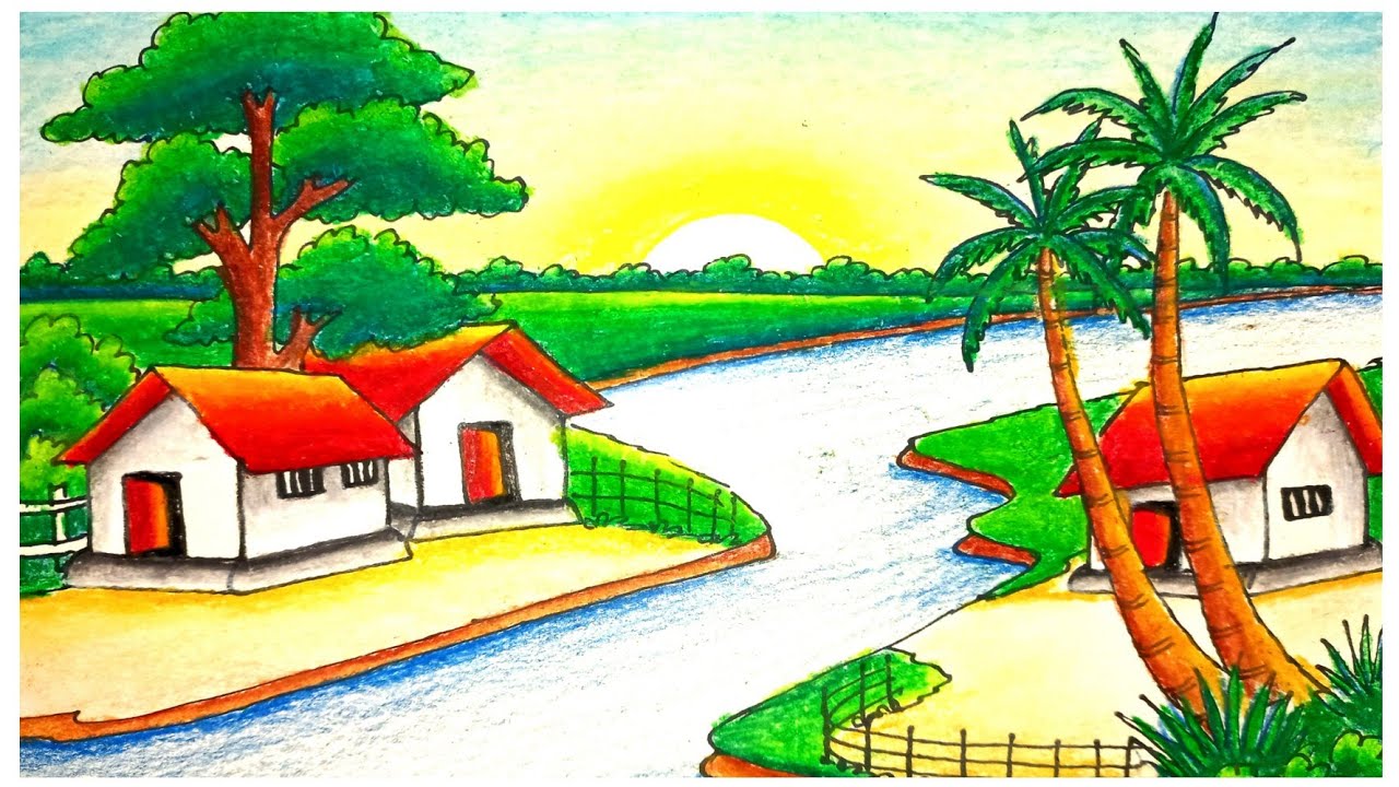 How to draw Sunrise with colored pencils step by step Beautiful Village ...