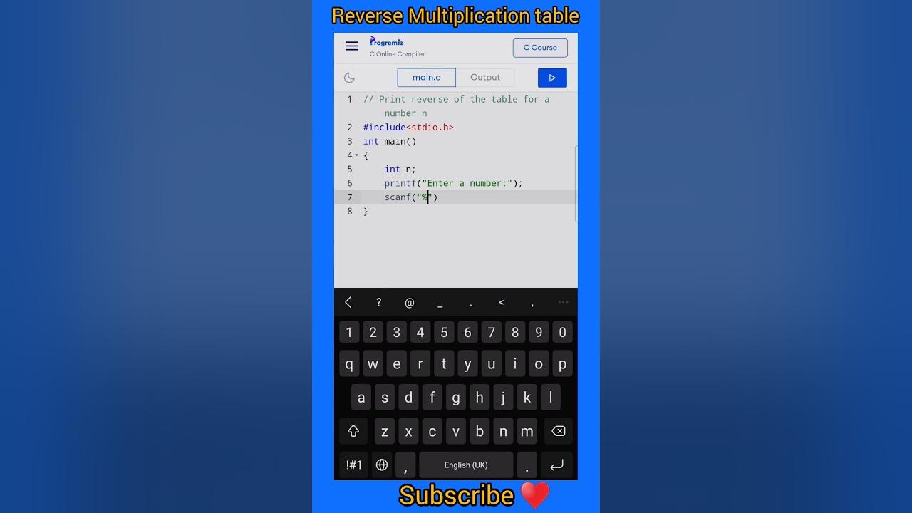 Reverse of the table for a number in C language |#shortsfeed #shorts #animal #c #coding #viral ...