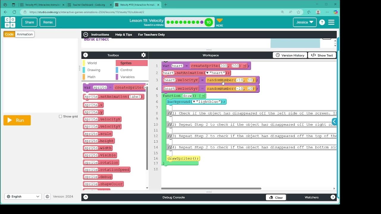 Lesson 19: Velocity: Level 10 - Code.org - CS Discoveries - Unit 3: Interactive Animations ...