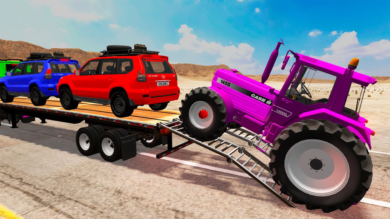 Double Flatbed Trailer Truck vs Speedbumps Train vs Cars | Tractor vs ...