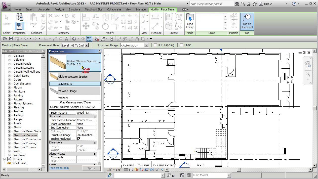 REVIT ARCH 2012 FIRST PROJECT 53 LOAD BEAMS COLUMNS AND PLACE 2ND FL ...