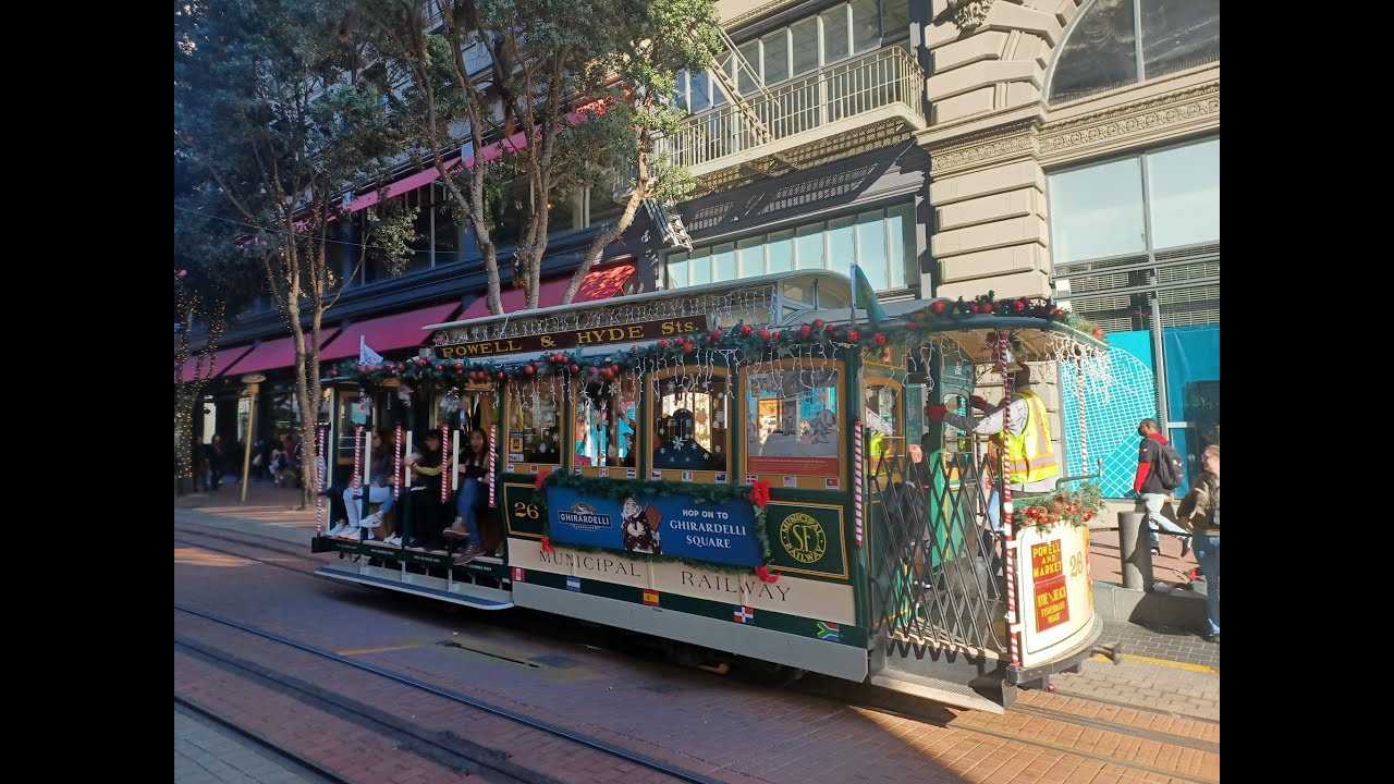 San Francisco Cable car ride on the Powell and Hyde line at Christmas ...
