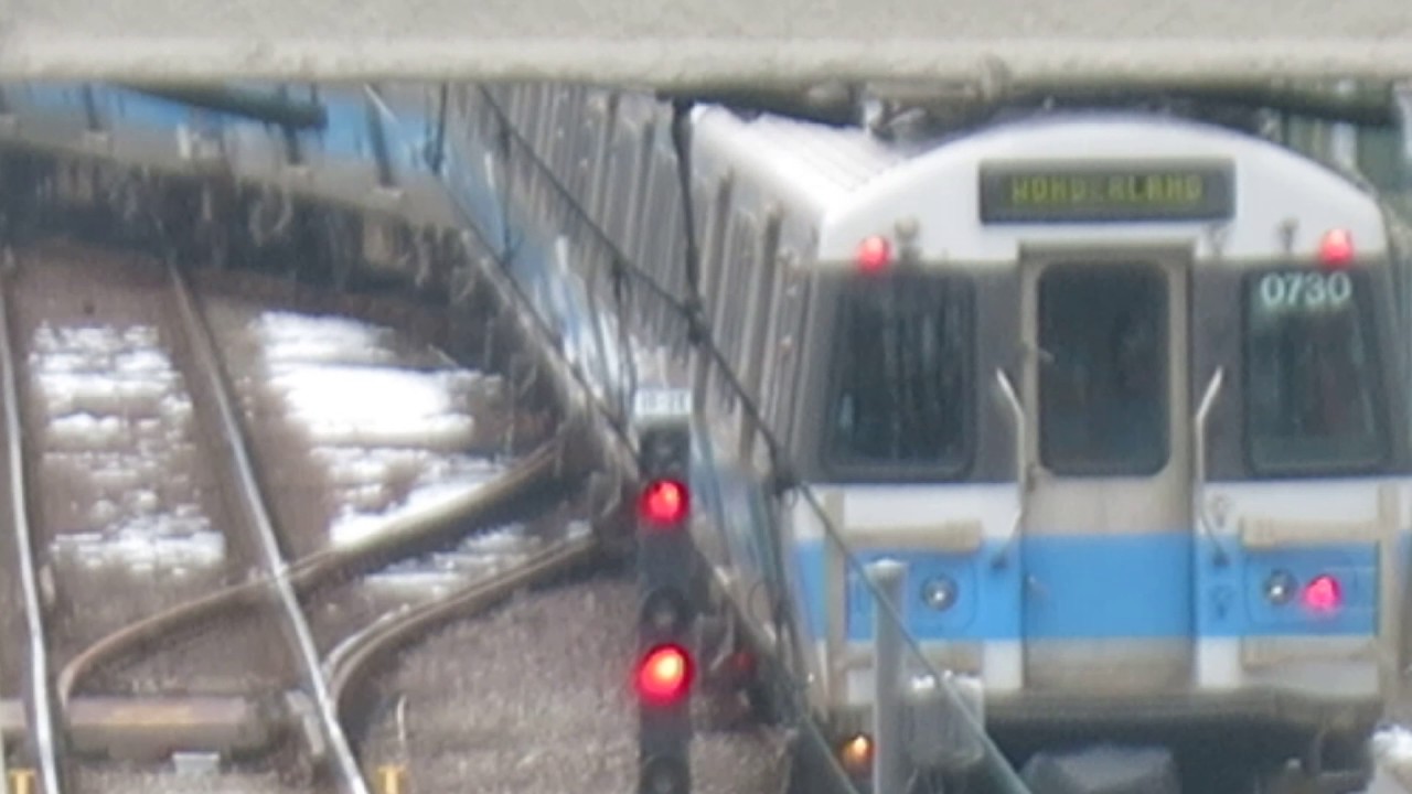 MBTA blue line subway trains leaving Wonderland Station - YouTube