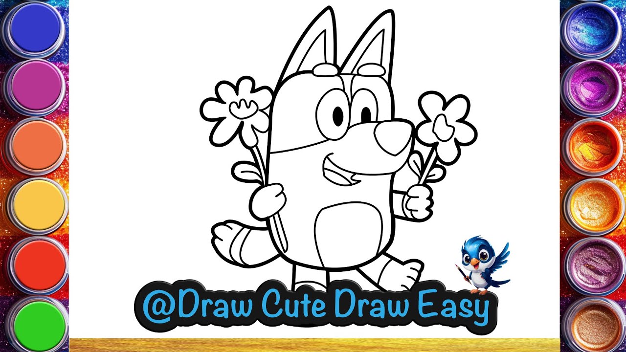 Bluey with Flower 🌈Drawing | Draw Cute Draw Easy | Cartoon Drawing #245 ...