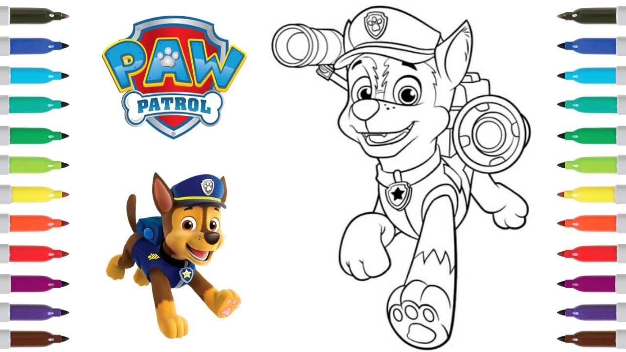 Paw Patrol Coloring Page | Chase with Pup Pack Megaphone & Cannon ...