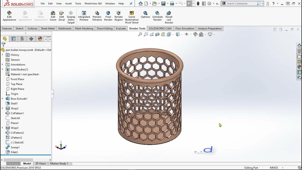 Honeycomb pattern on silinder - solidworks @DesainCAD - YouTube