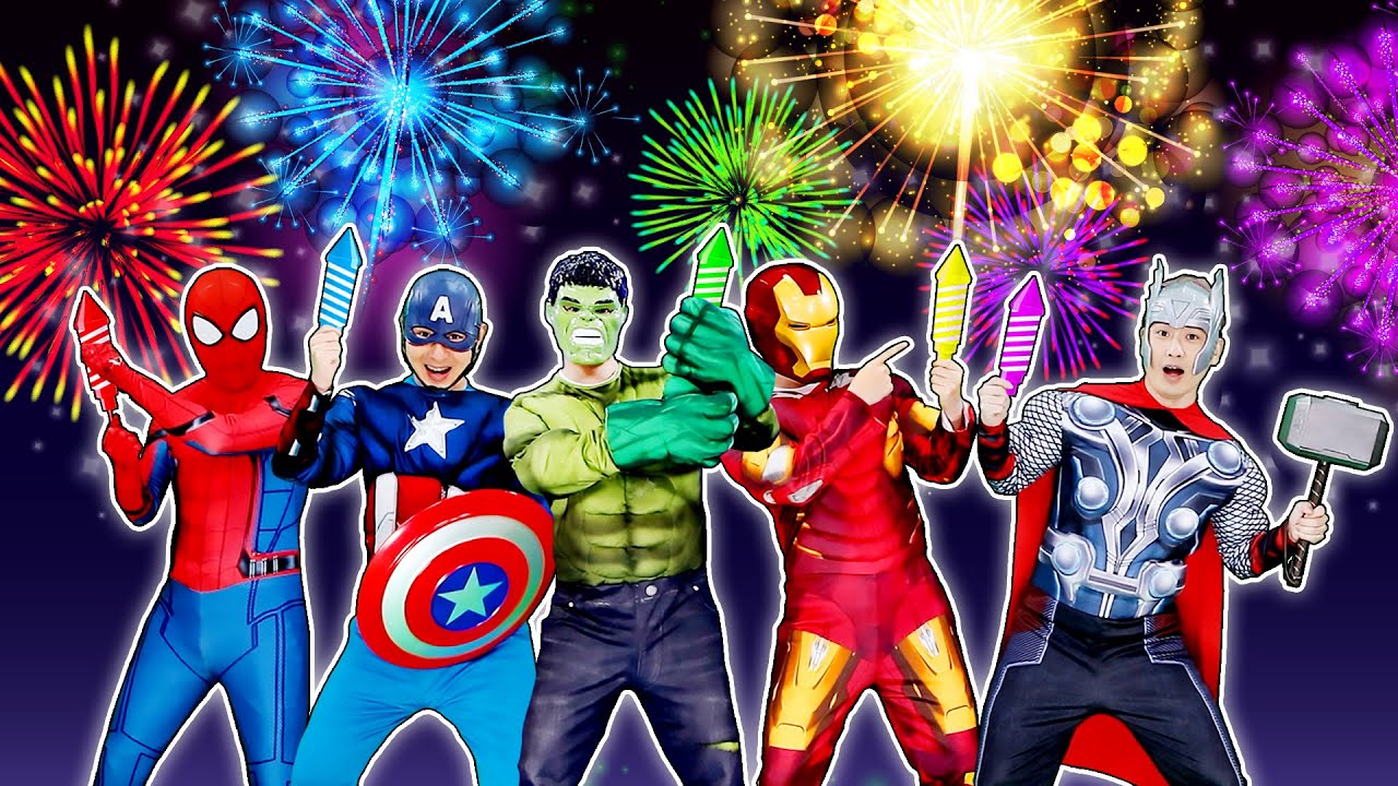 Happy New Year! Superheroes Fireworks Learn color dance│슈퍼히어로 캡틴 헐크 ...