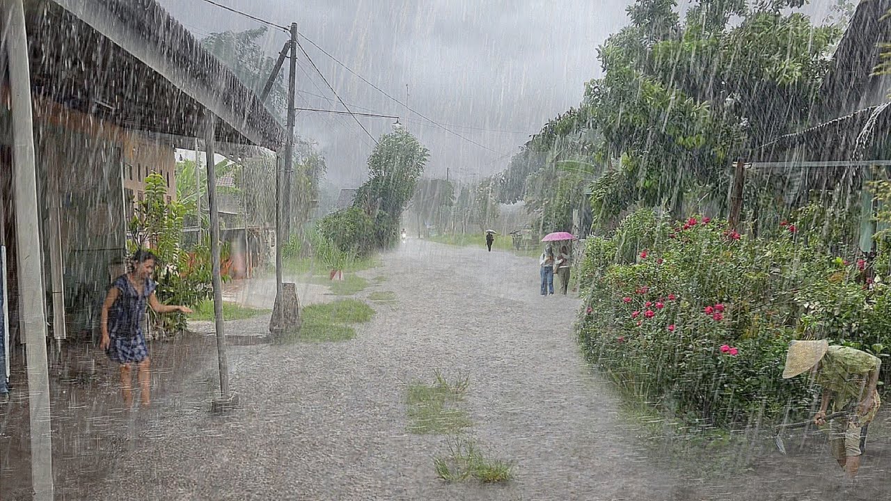 Super heavy rain in my village, very heavy and cold, fell asleep ...