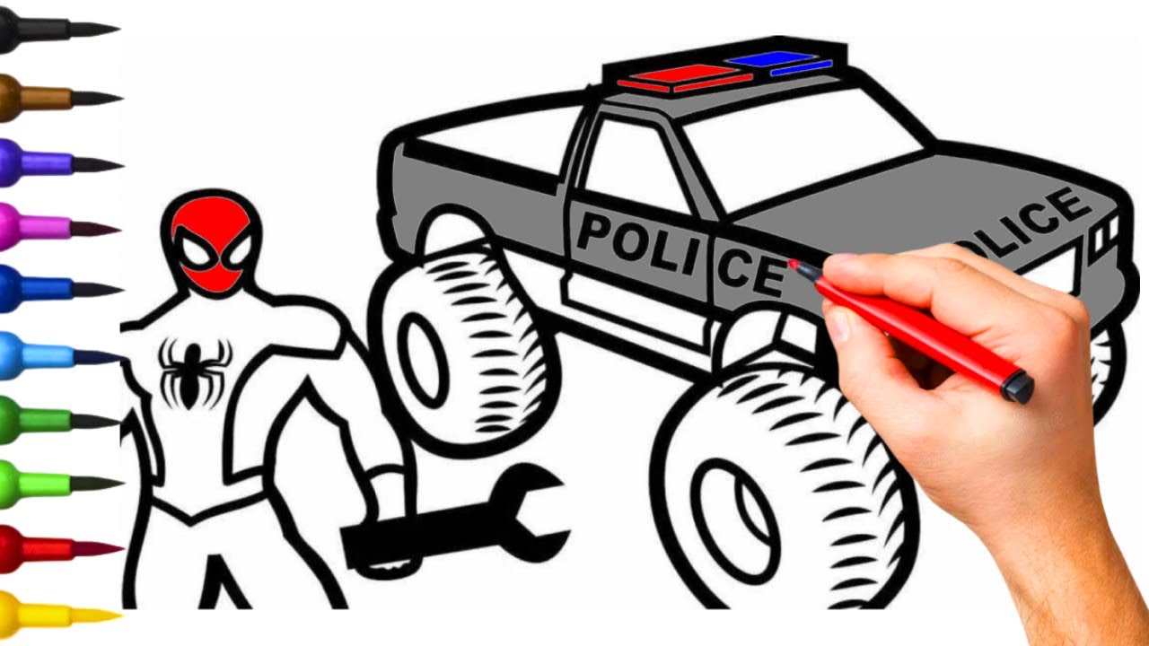 Spiderman Coloring Page | Spiderman and Police Car Painting | How to ...
