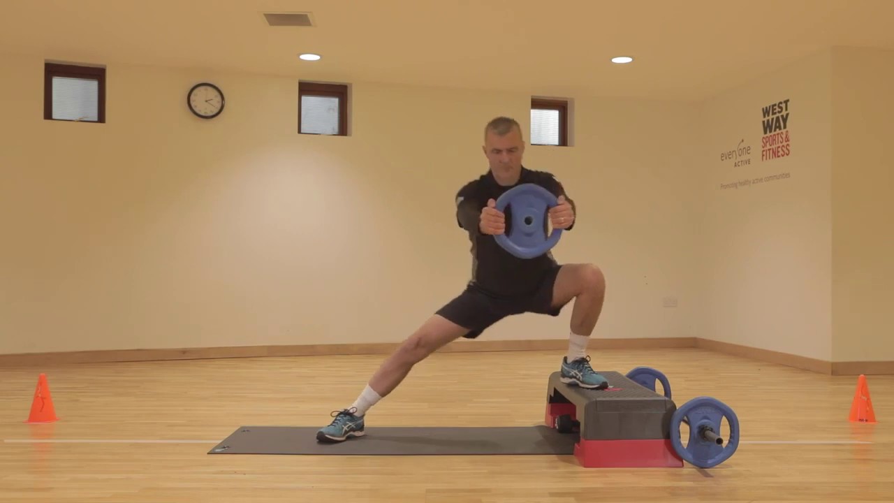 Lateral Squat onto a low step using dumbbell, plate, barbell. - YouTube