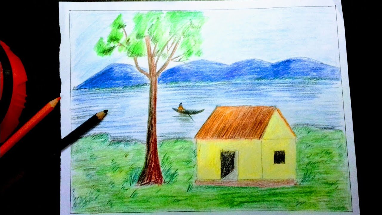 How to draw a scenery with pencil colour || Scenery drawing easily ...