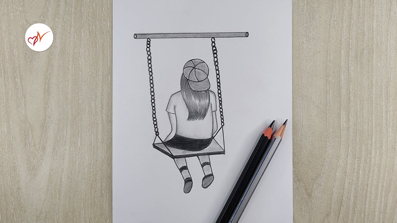 How to draw back view of a girl sitting on a swing | Pencil sketch ...