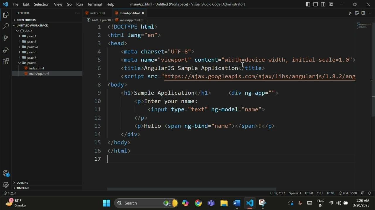 Practical No-:08 | Create a simple a simple HTML “Hellow World” Project using AngularJs ...