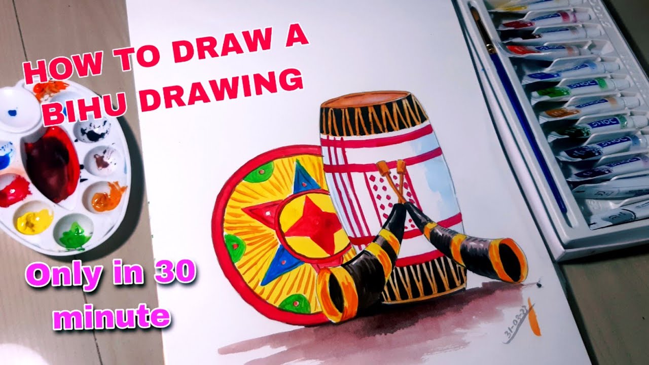 How to draw Rangali bihu drawing// bihu instrument - YouTube