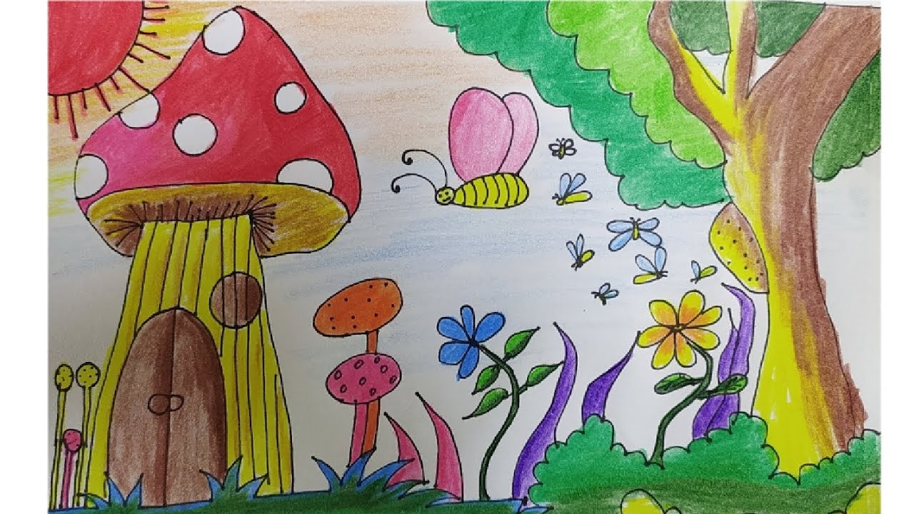 Fairy Land Scenery Drawing & Colouring🧚🏻‍♀️🍄| Imaginary Home of Fairies ...
