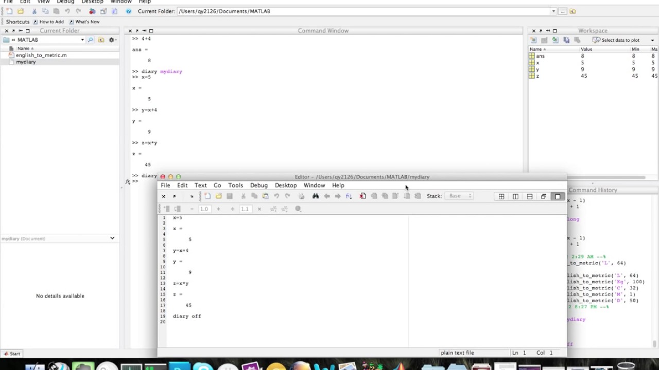 Saving Diary And Variables In Matlab Youtube