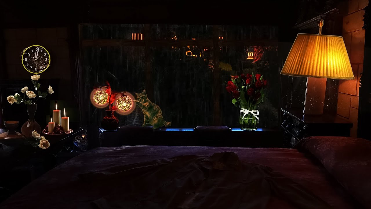 A Cozy Bedroom Ambience with HEAVY Rain and Thunder Sounds for Sleeping ...