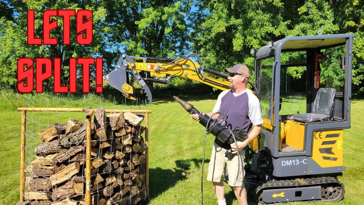 Splitting wood w/ Chinese mini excavator. Testing Miva hydraulic cone ...