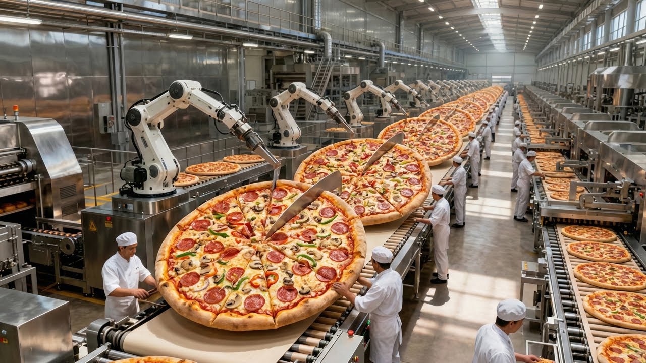 "Inside a Massive Pizza Factory -- From Dough Ball to Cardboard Box ...