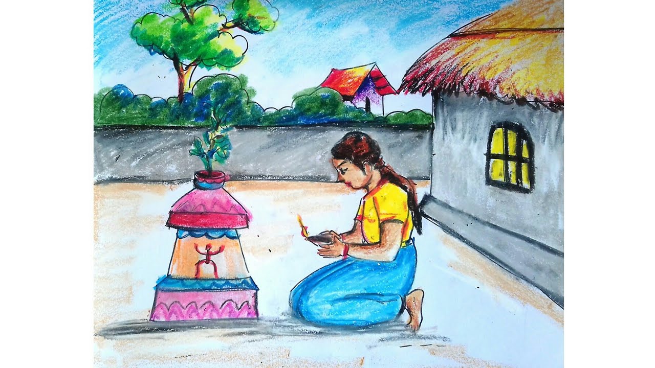 a village scenery with human figure👧subject drawing for competition ...