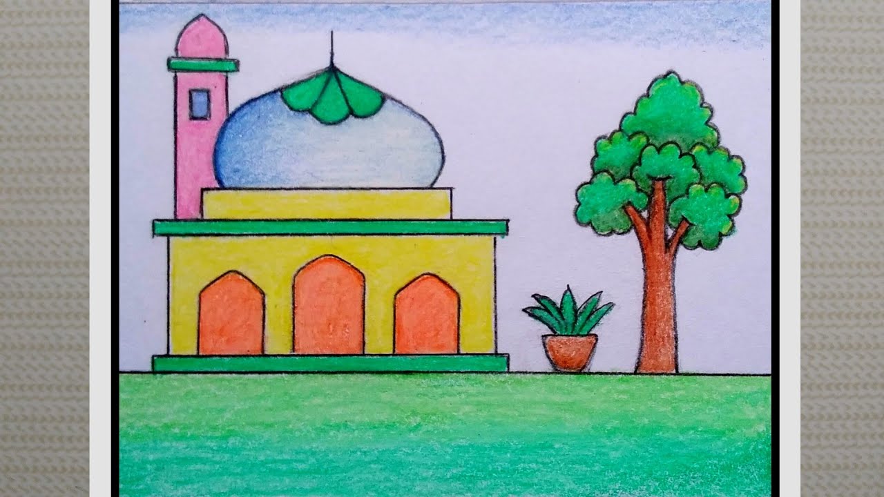Masjid drawing beautiful 🕌 mosque drawing 🕌 easy pencil drawing colour ...