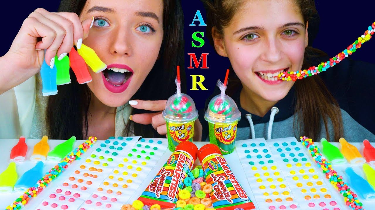 ASMR RAINBOW DESSERTS, NERDS ROPE, CANDY BUTTONS RACE, SQUEEZE SMARTIES ...