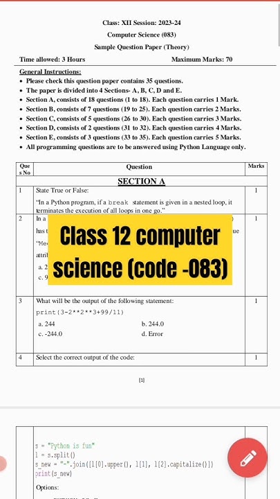 CBSE class 12 computer science (code-083) latest sample paper || # ...