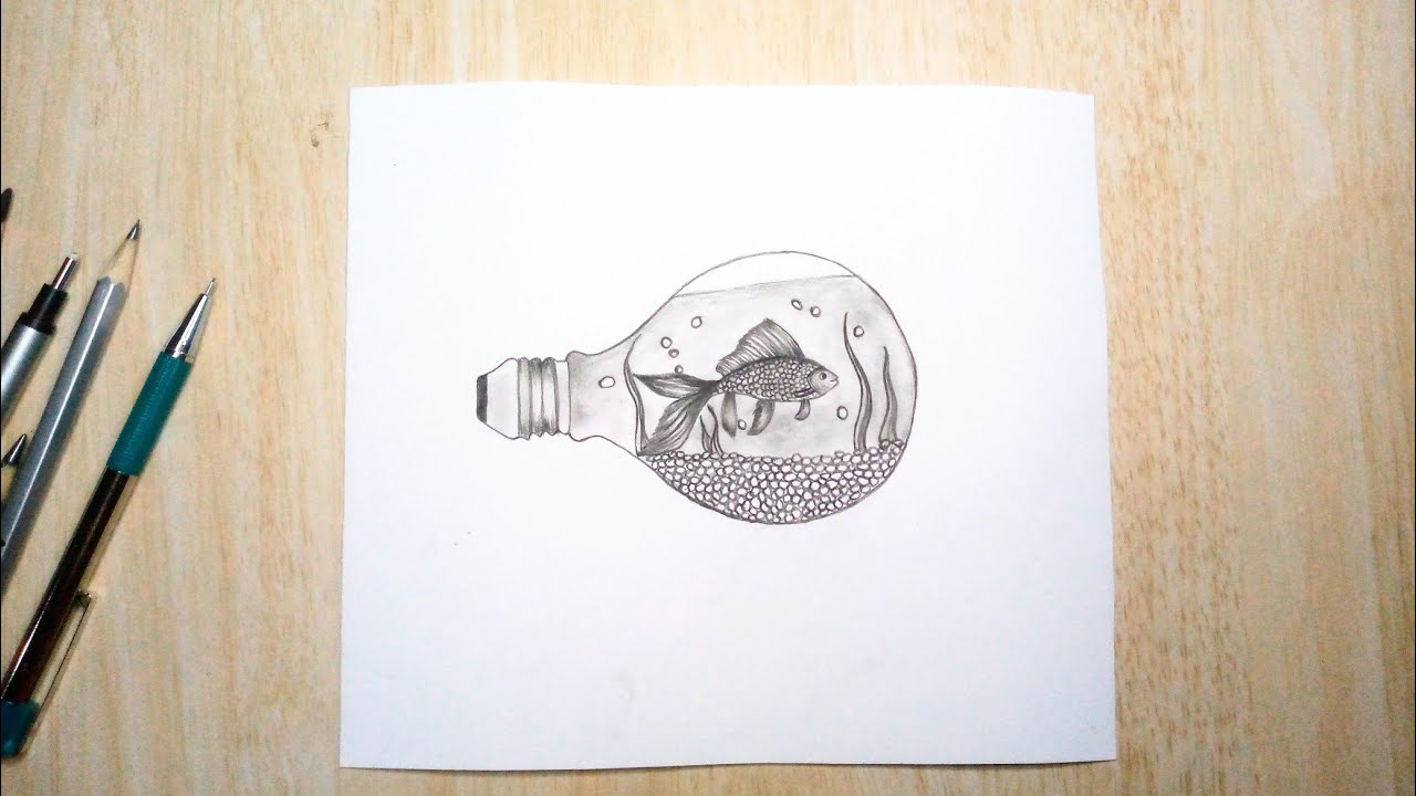 How to draw a Fish inside Bulb - step by step || Pencil Sketch || Bulb ...