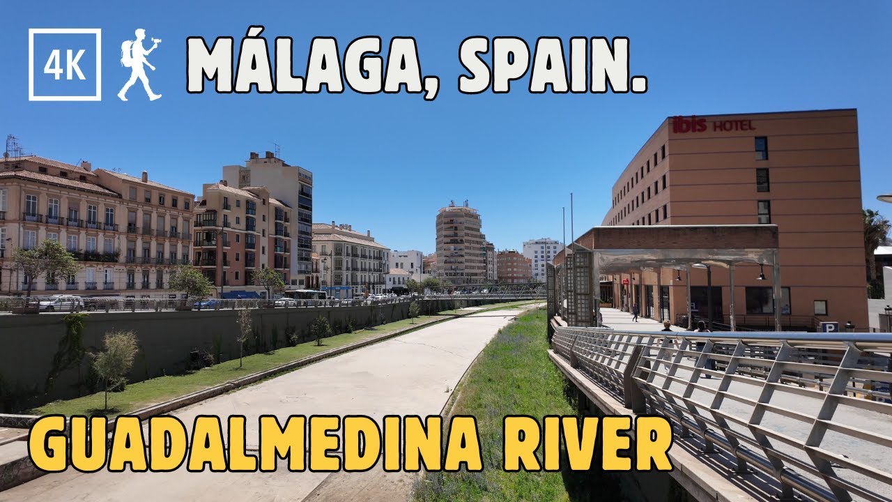 Malaga, Spain. Guadalmedina River Walk. Walking tour 4K Ultra HD video ...