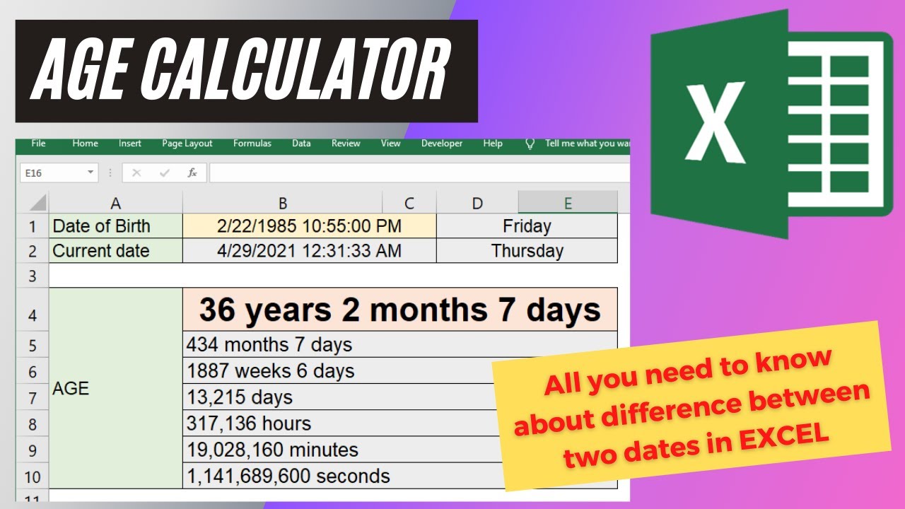 Build Your Own Age Calculator Using Excel Difference Between 2 Dates Build Your Own Age Calculator Using Excel Difference Between 2 Dates