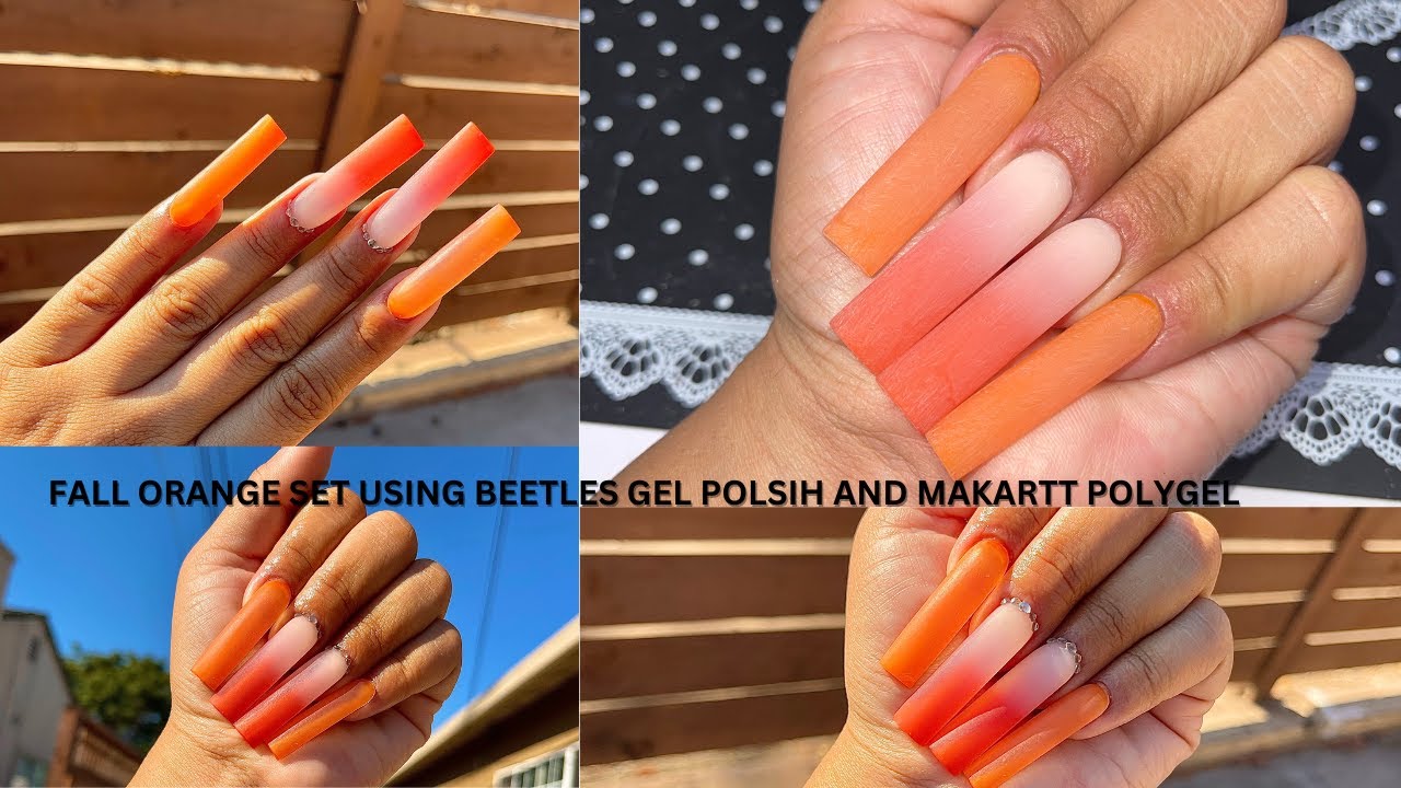 ORANGE FALL SET🍁 USING MAKARTT CLEAR POLYGEL&BEETLES GEL POLISH🍁POLYGEL ...