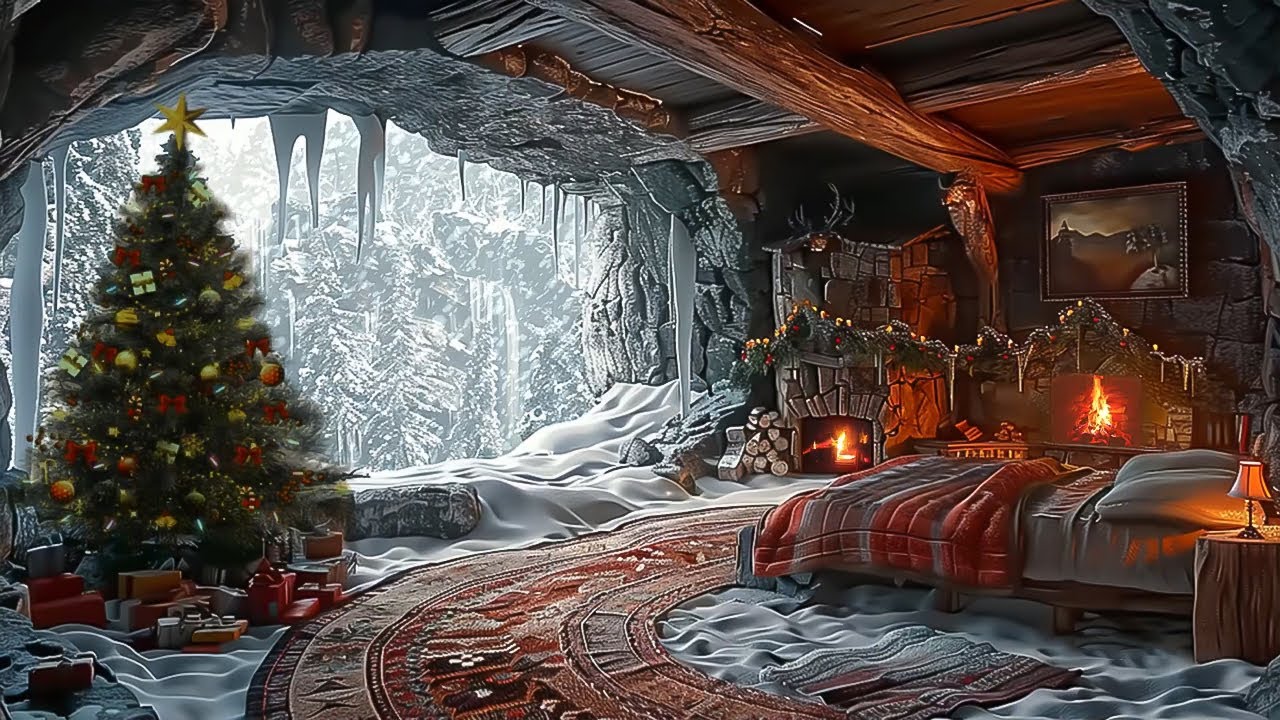 Unwind Christmas Night: Cozy Cave Fireplace Sounds & Calming Snowfall ...