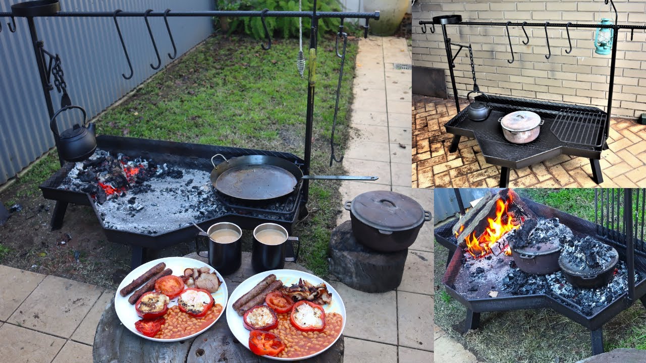 Cooking Breakfast on the Metal Outdoor Fire pit I made on this channel ...