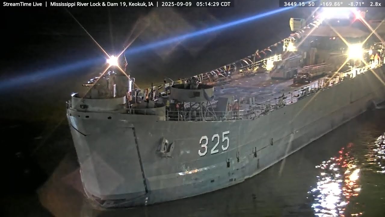 A war ship comes through Keokuk: USS LST 325 9-9-25 - YouTube