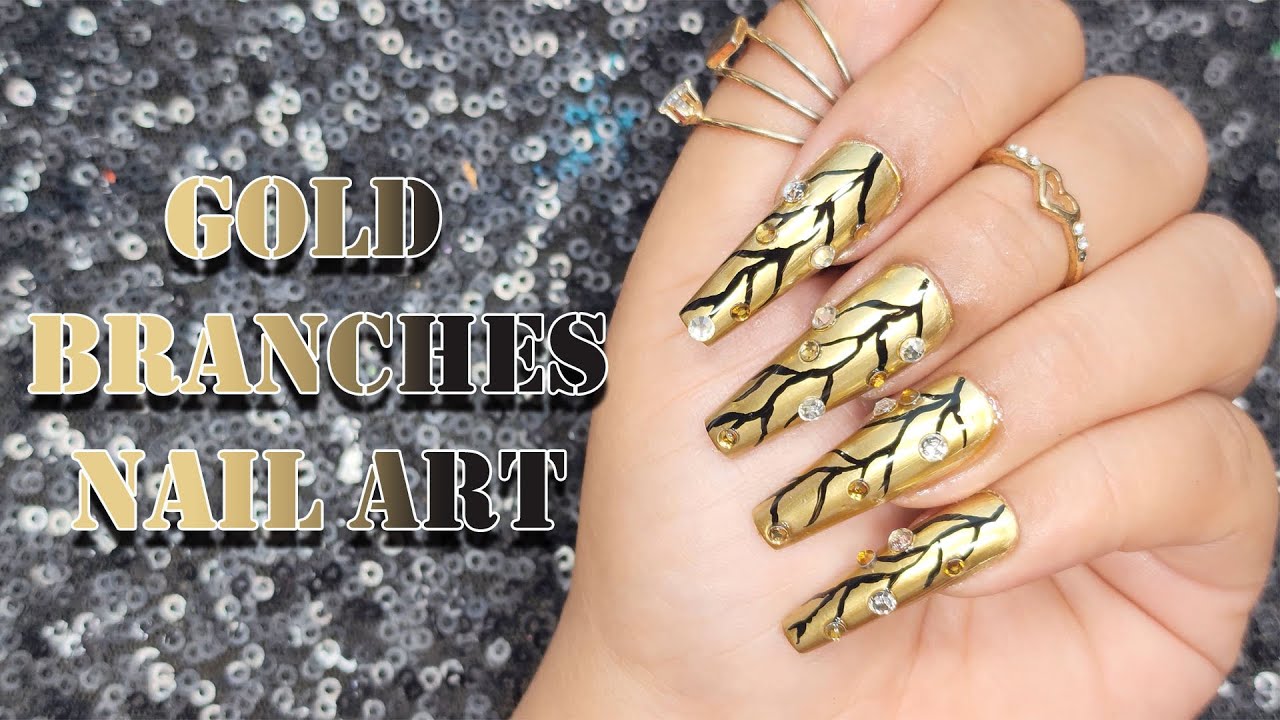 Gold Branches Nail Art | Rose4you | Easy Nail Art Design - YouTube