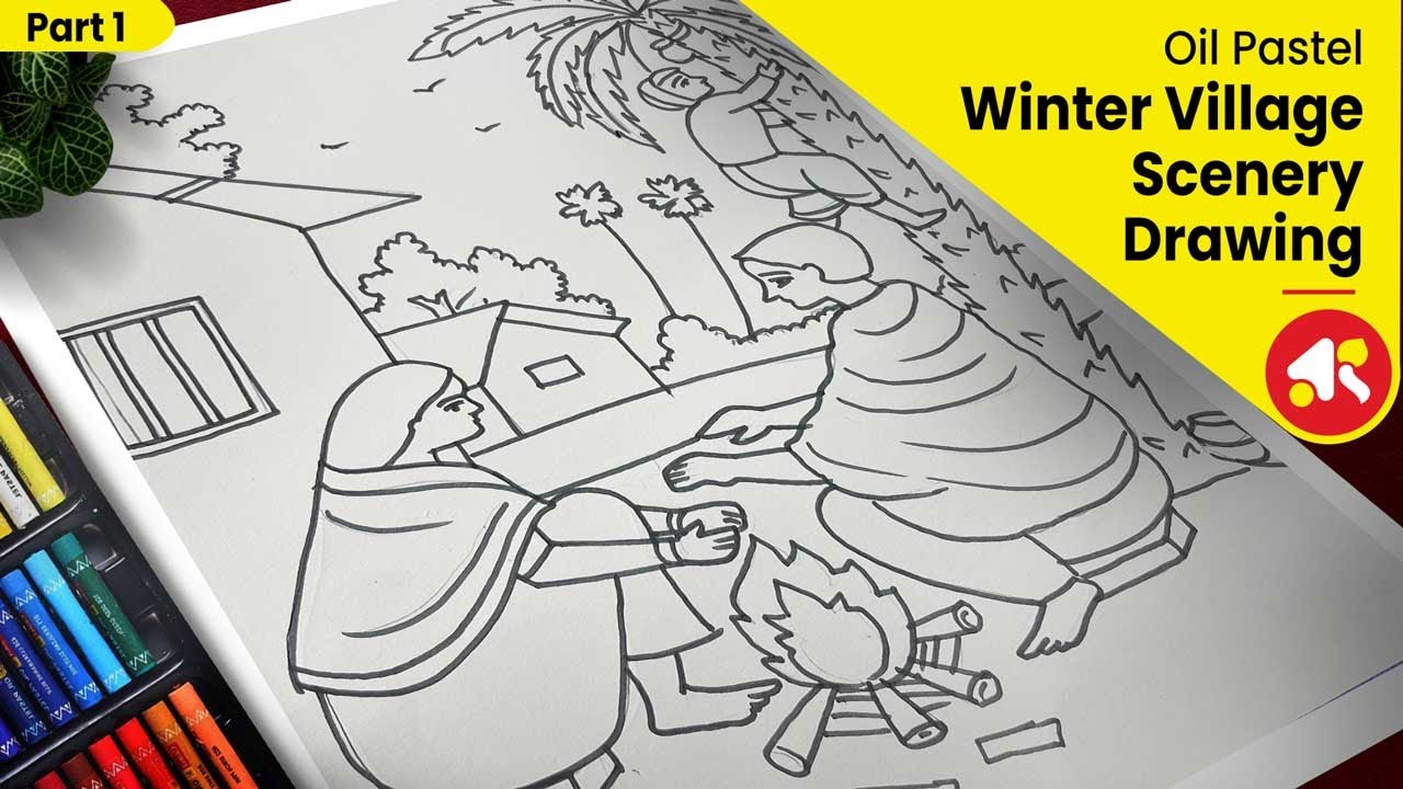 Winter season scenery drawing / Draw a picture of winter season ...