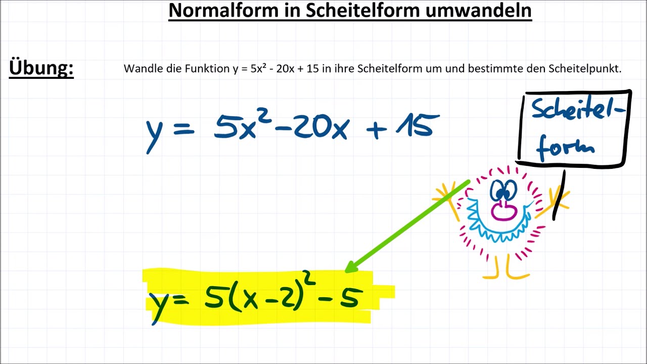 y=5x²-20x+15, Übungsaufgabe, Normalform in die Scheitelform umwandeln ...
